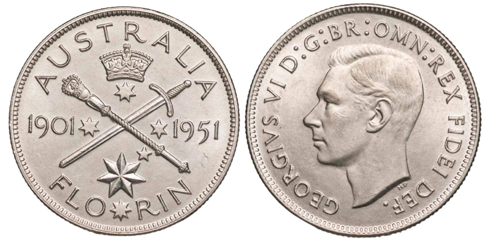 1951 '50 Years of Federation' Commemorative Florin – Loose Change Coins