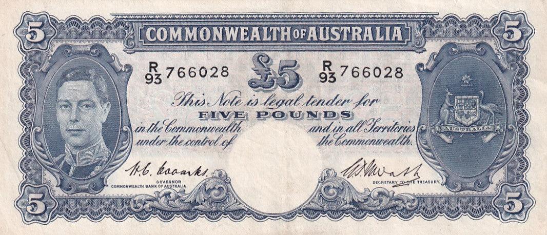 1949 Australian 5 Pound Note - R93 766028 - HC COOMBS/GPN WATT - R47 ...
