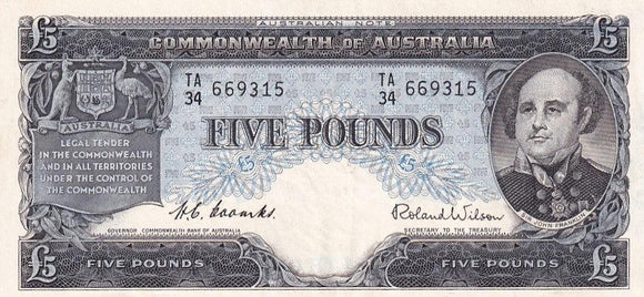 1954 Australian 5 Pound Note - TA34 669315 - HC COOMBS/ROLAND WILSON ...